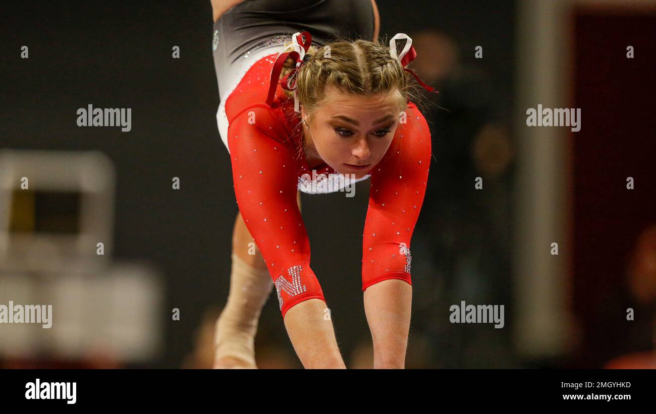 Nebraska's Kynsee Roby does beam against Minnesota during an NCAA ...