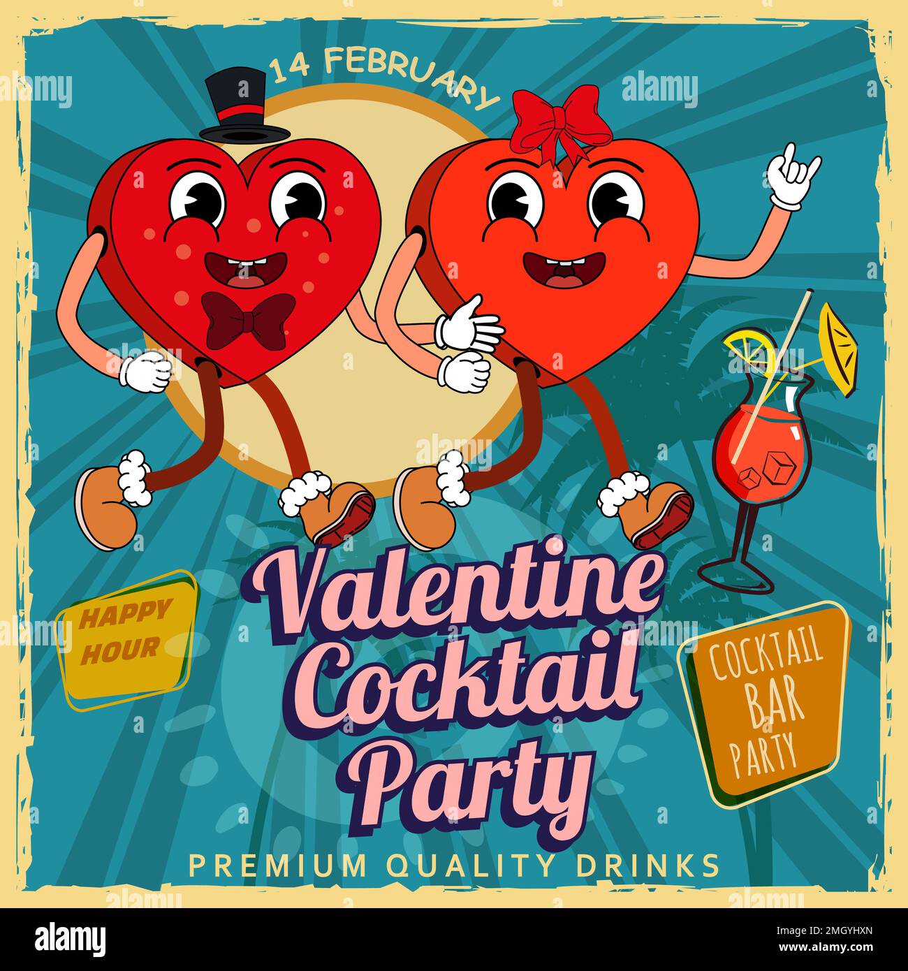 Retro Happy Valentine Day Cocktail party card Stock Vector Image & Art ...
