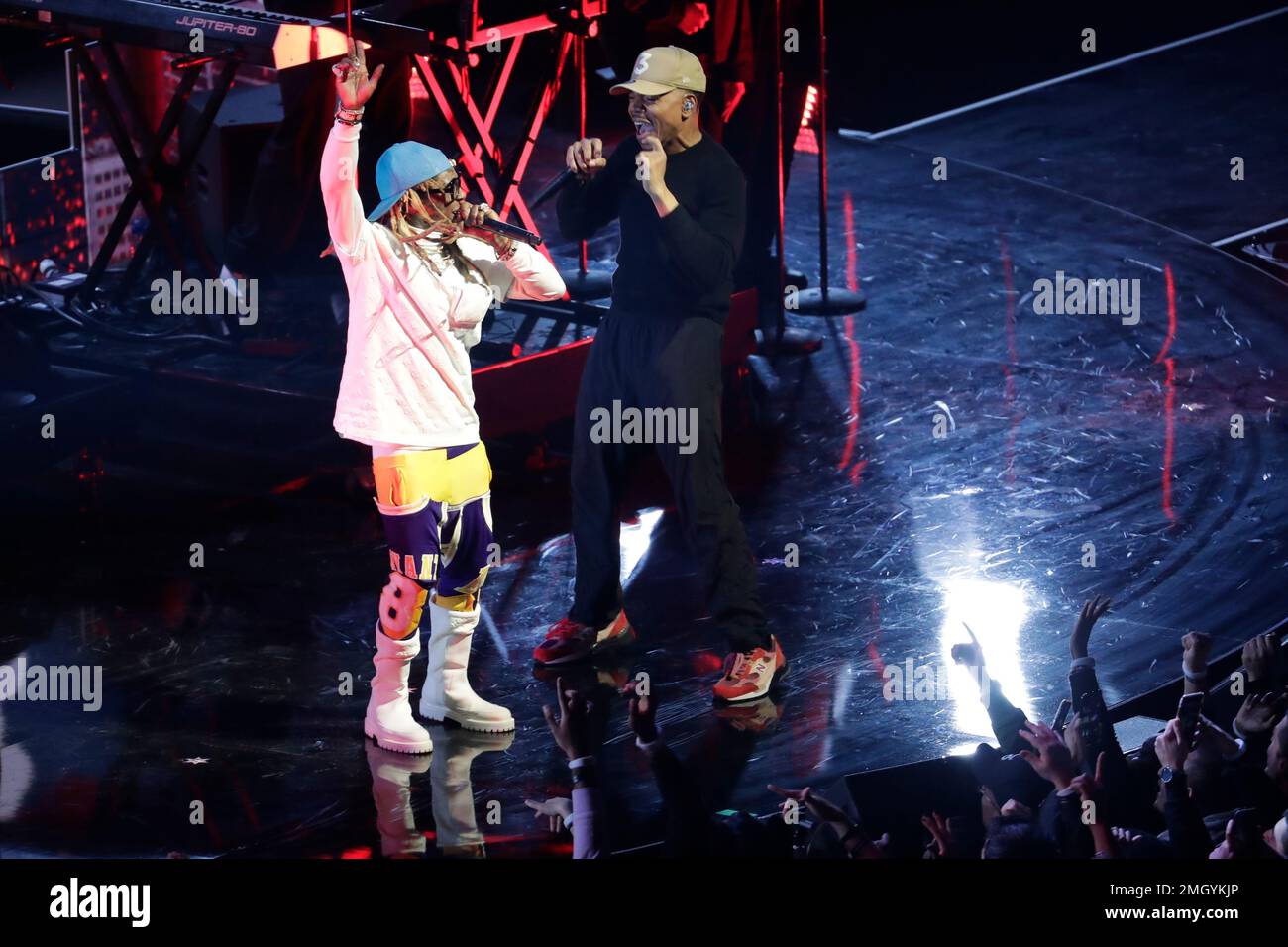 Lil Wayne and Chance the Rapper perform during halftime of the NBA All ...