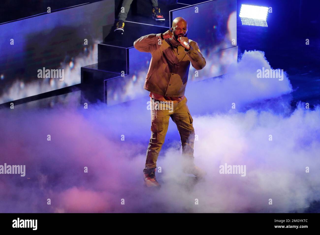 Common performs before the NBA All-Star basketball game Sunday, Feb. 16 ...