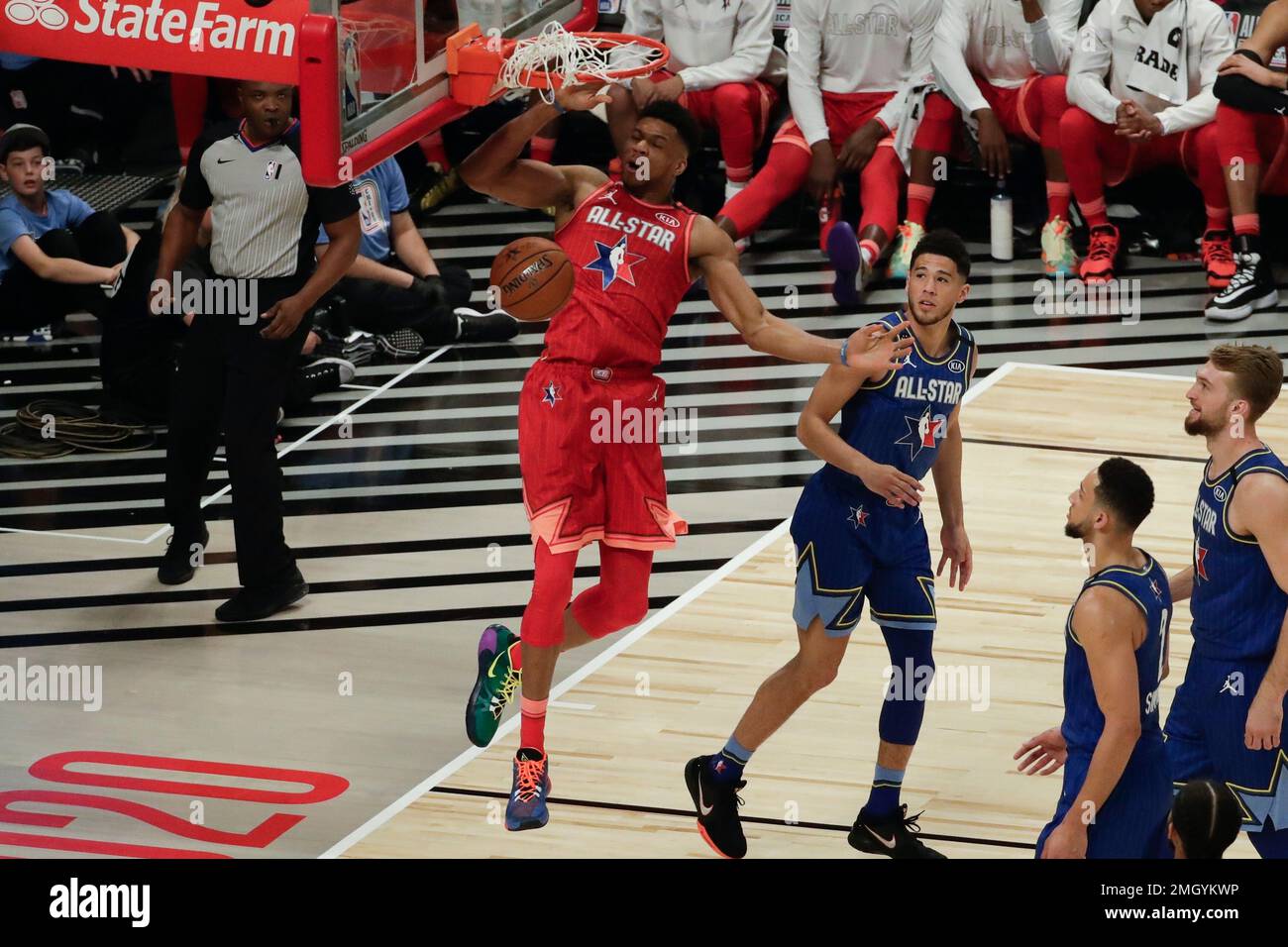 Giannis Antetokounmpo of the Milwaukee Bucks dunks during the first ...
