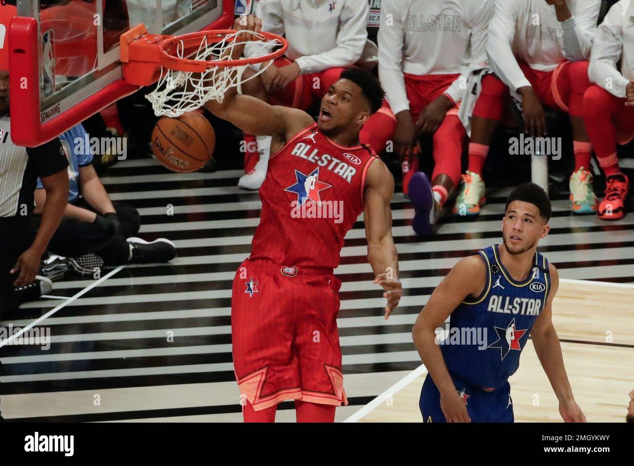 Giannis Antetokounmpo of the Milwaukee Bucks dunks during the first ...