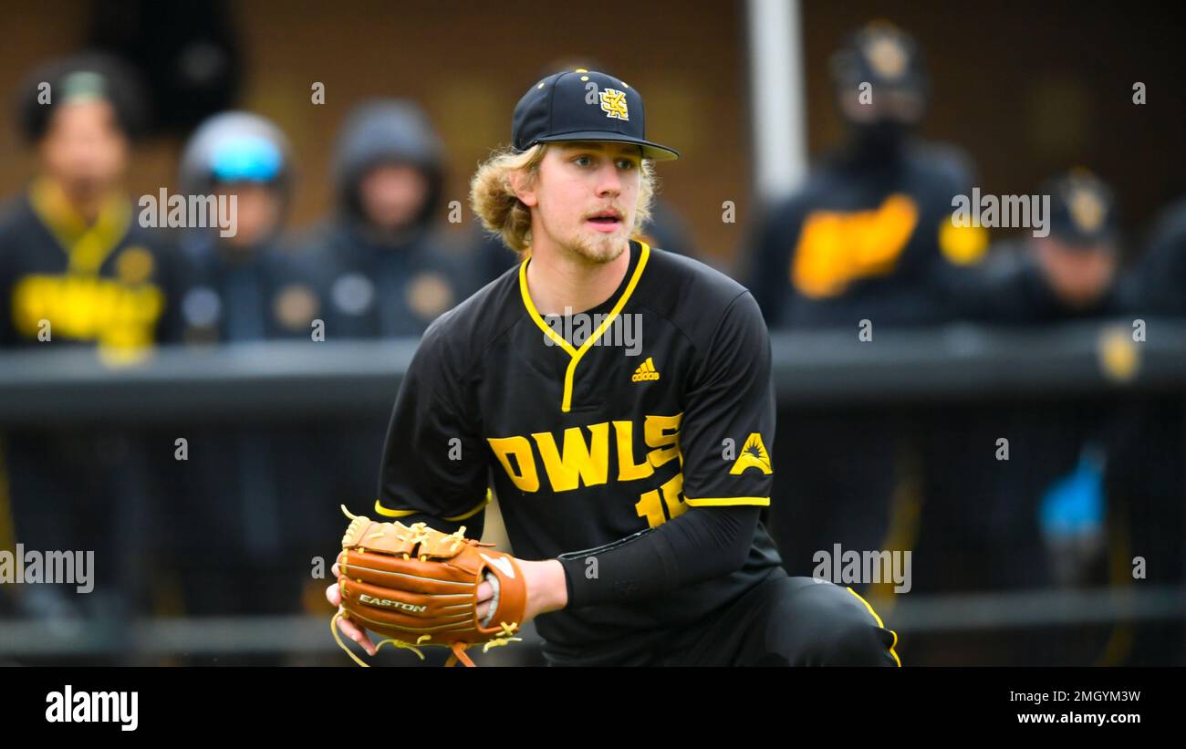 Kennesaw State pitcher Jared Rine looks to first base during an NCAA ...