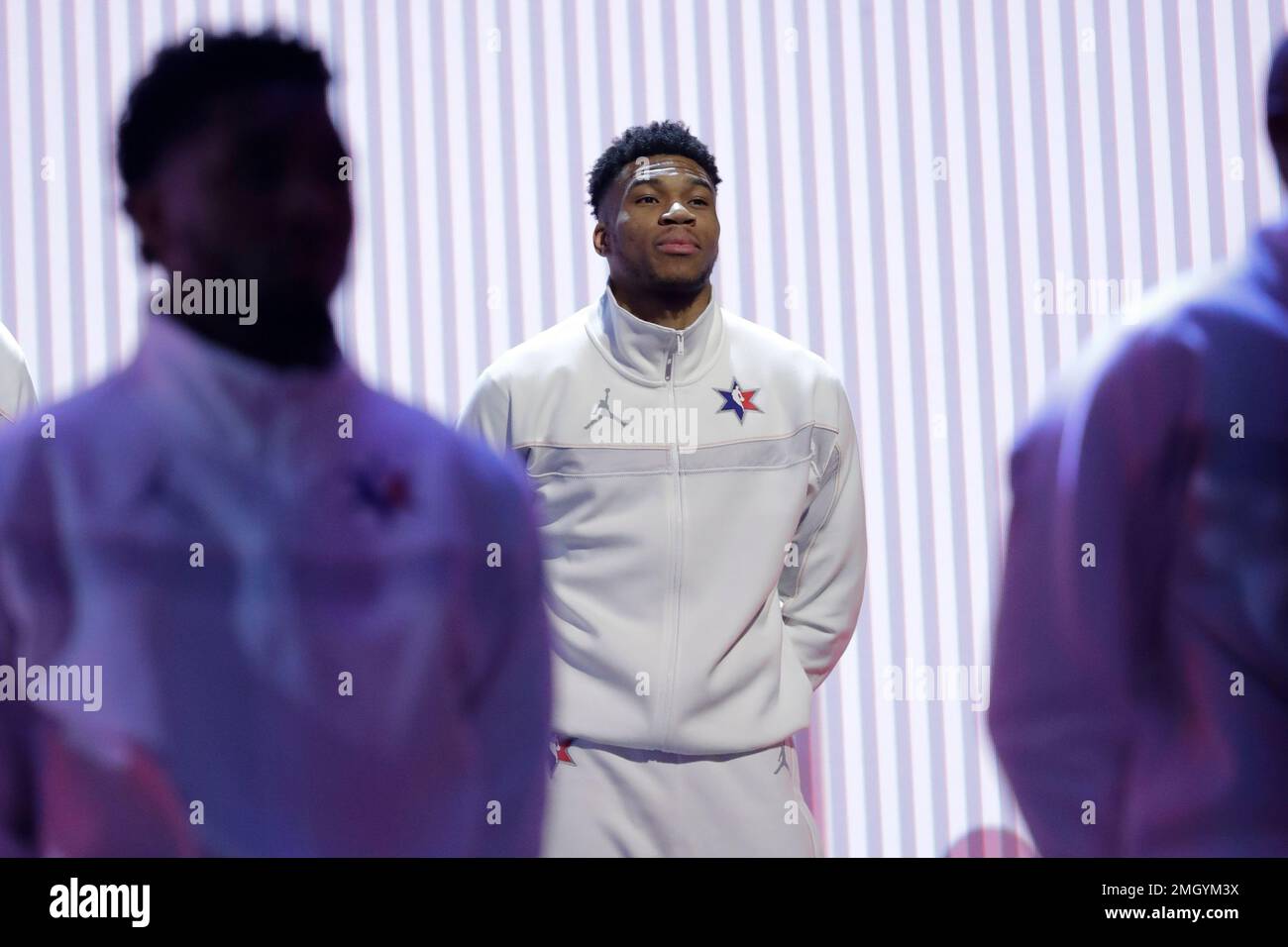Giannis Antetokounmpo of the Milwaukee Bucks is introduced before the ...