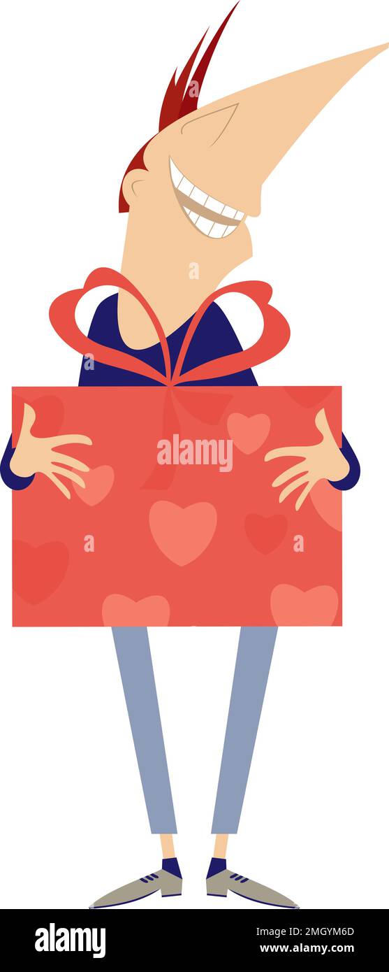 Cartoon young man holding a gift box. Happy smiling man holds a big ...