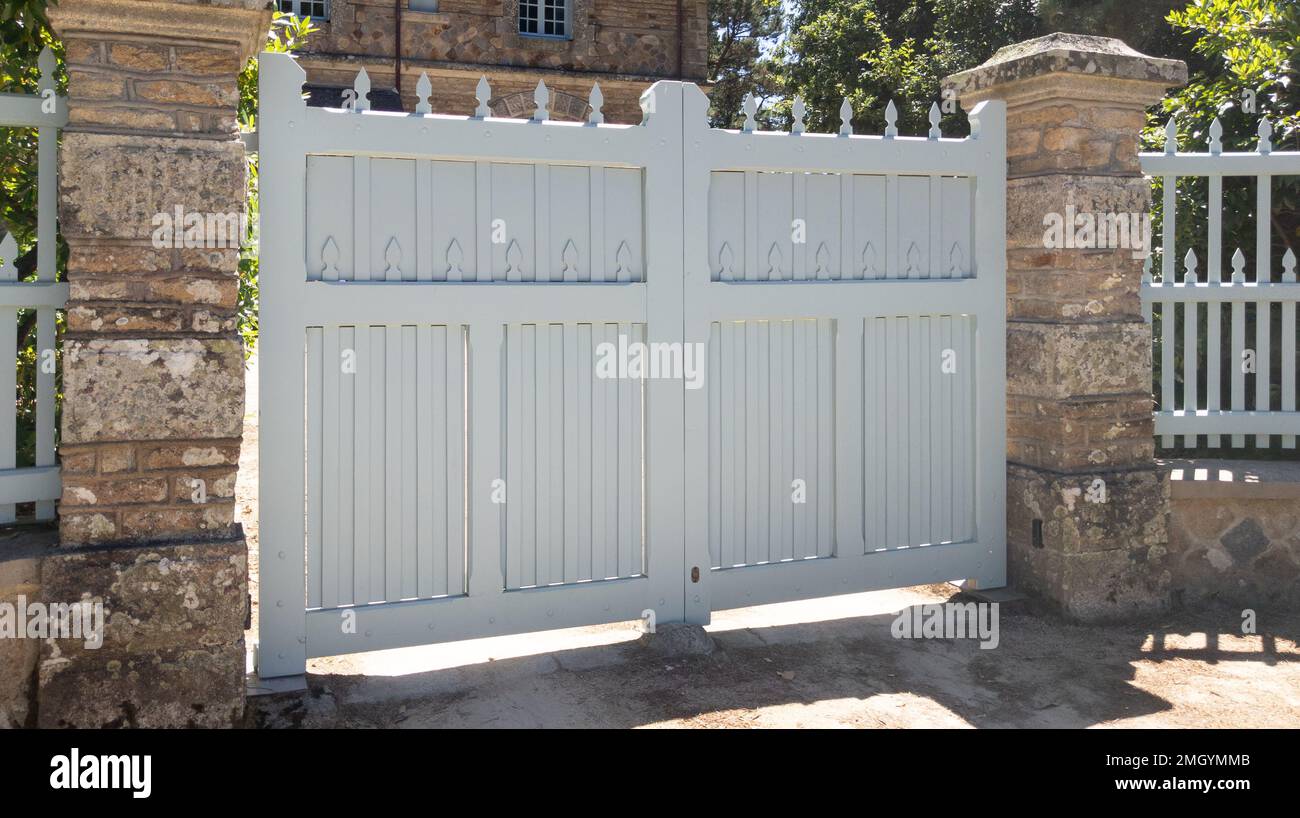 white retro wood gate private house suburb wooden garden portal access ...
