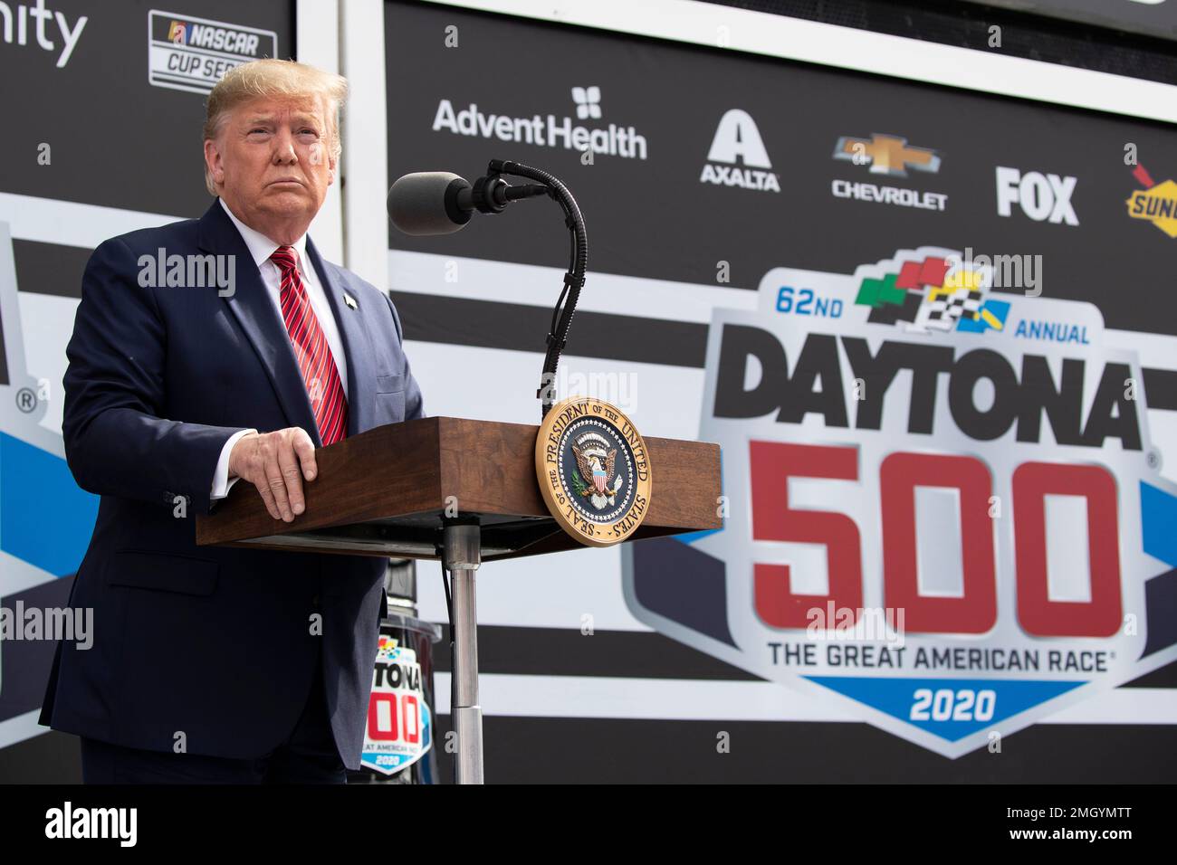 President Donald Trump speaks before the start of the NASCAR Daytona ...