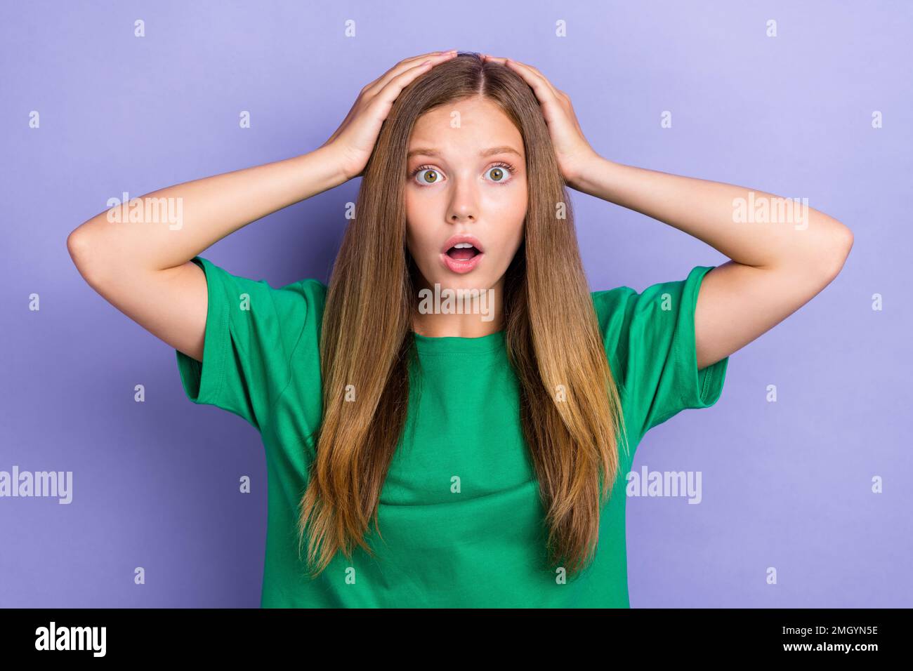 Photo of afraid scared anxious embarrassed lady impressed bad negative ...