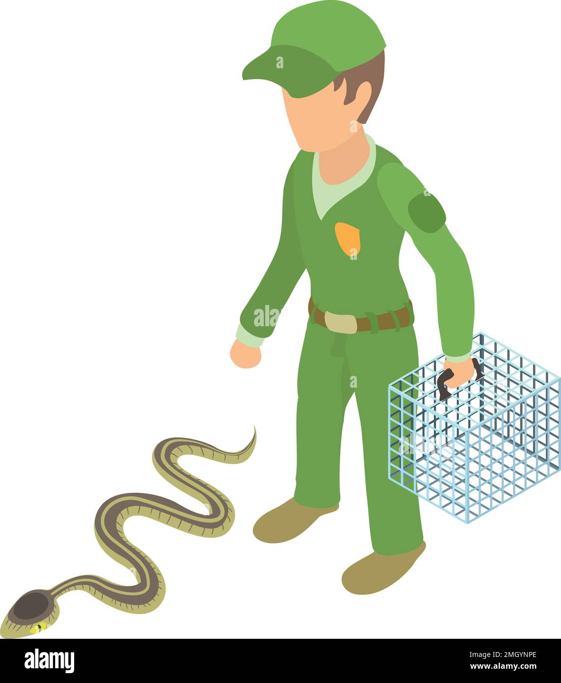 Gray snake icon isometric vector. Man in green uniform with cage near ...