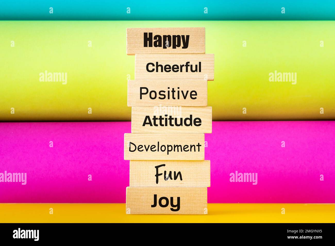 Concept, positive thinking and development, slogans on wooden blocks ...