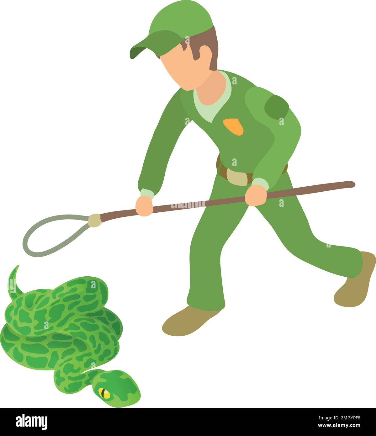 Anaconda icon isometric vector. Young man in uniform near green ...