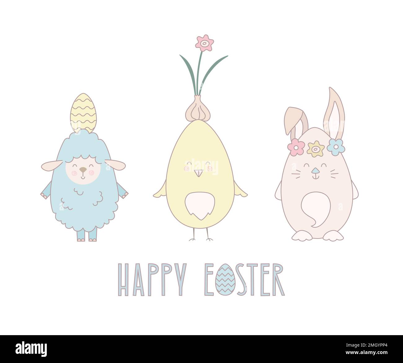 Cute easter animals baby funny vector illustration. Chick, bunny, lamb ...