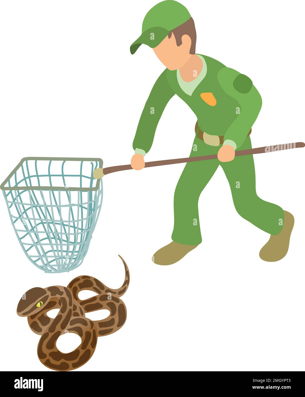 Boa constrictor icon isometric vector. Man in uniform with landing net ...