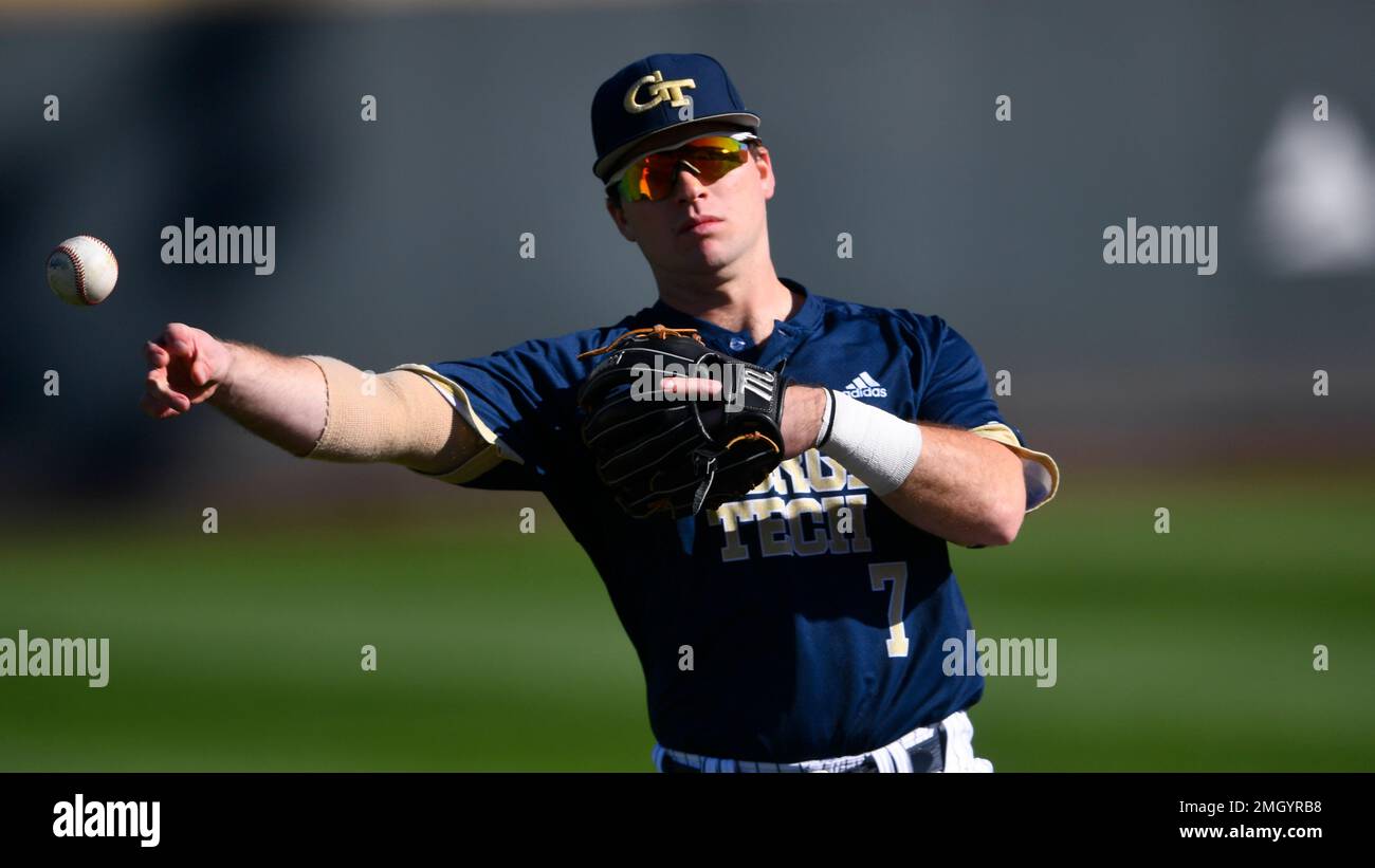 Georgia Tech player Luke Waddell warms up before an NCAA baseball game ...
