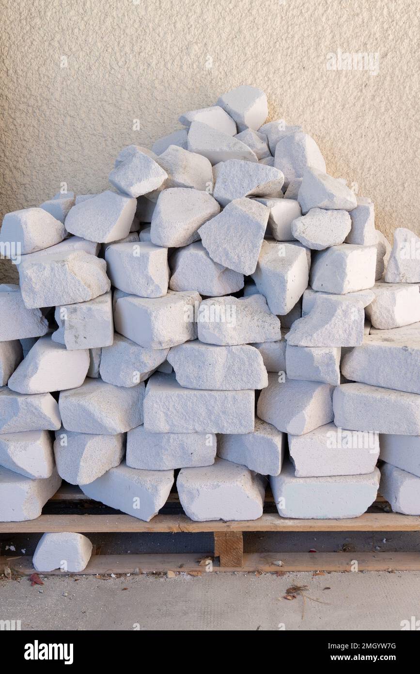pallet of paving stones brick for street building in construction site ...