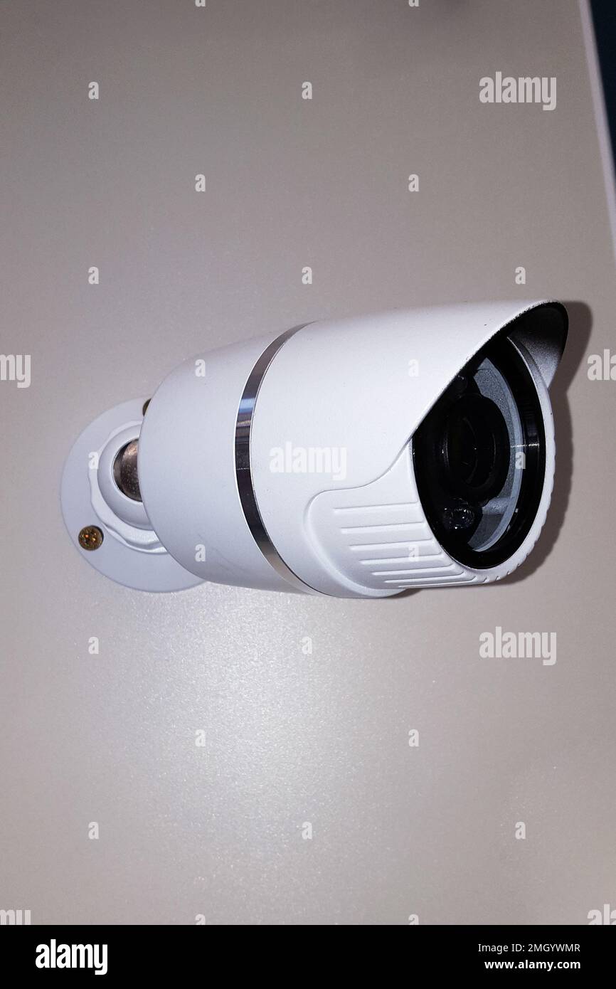 surveillance CCTV Security Camera white on wall Isolated Stock Photo ...