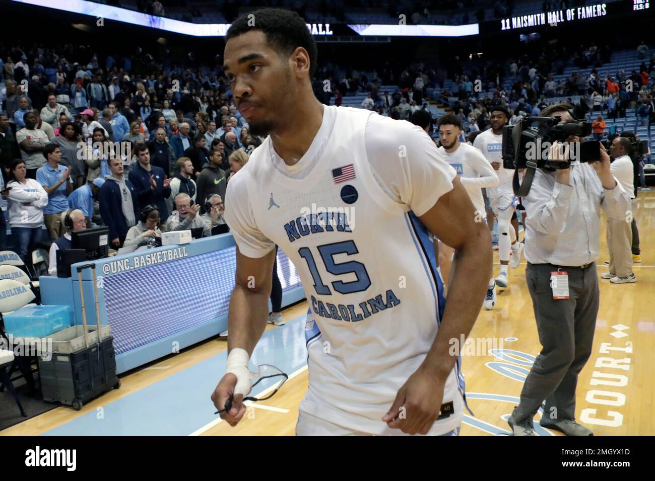 North Carolina's Garrison Brooks (15) runs off the court after losing ...
