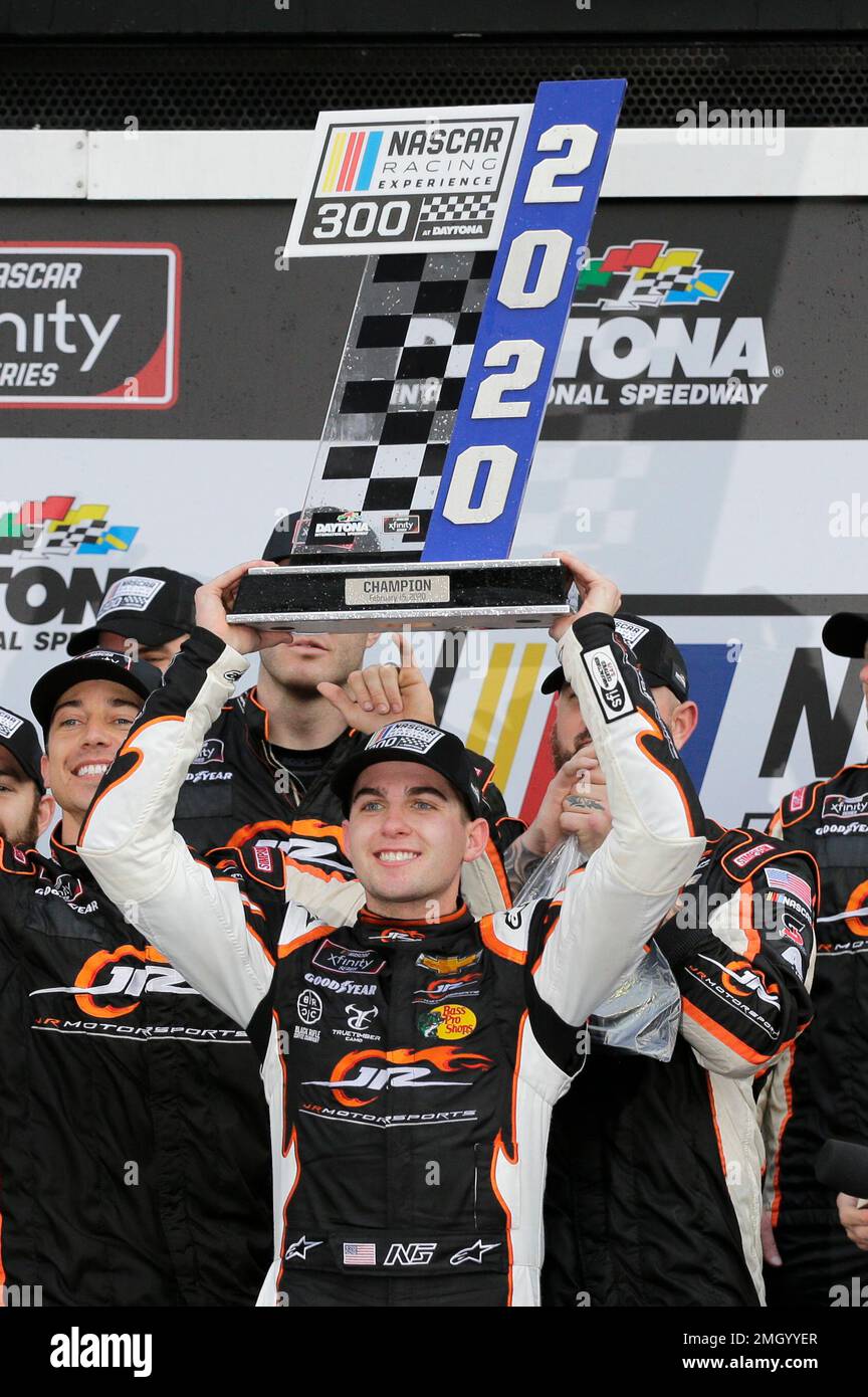 Noah Gragson holds up the trophy after winning the NASCAR Xfinity ...