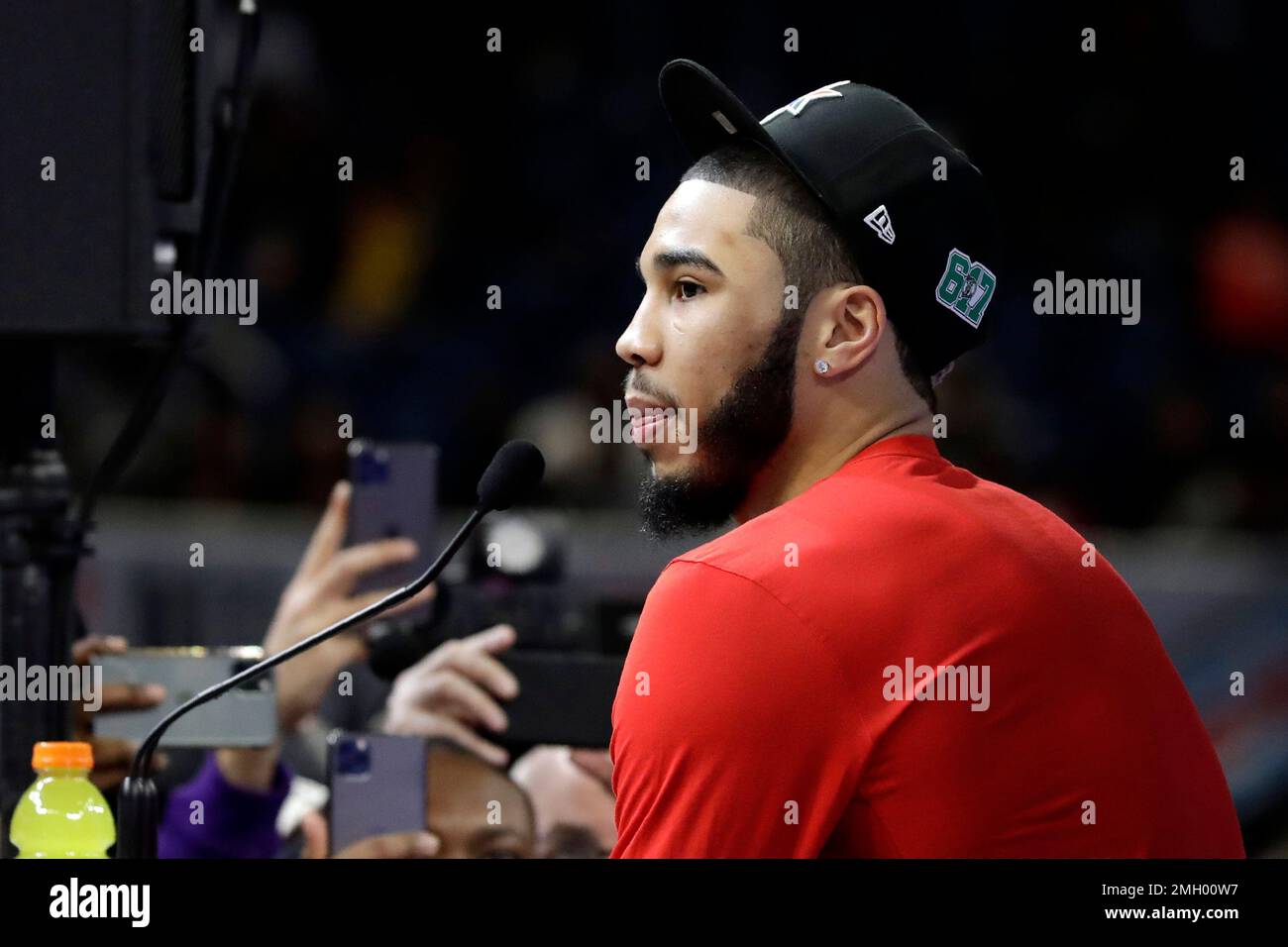Jayson Tatum, of the Boston Celtics, speaks at the NBA All-Star ...