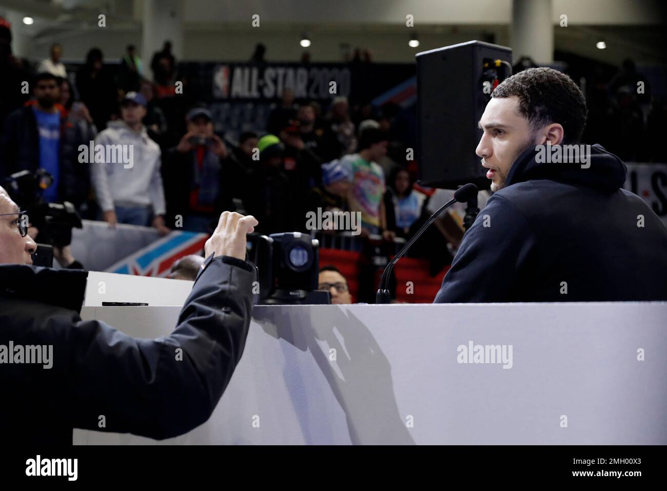 Zach LaVine, of the Chicago Bulls, speaks at the NBA All-Star ...