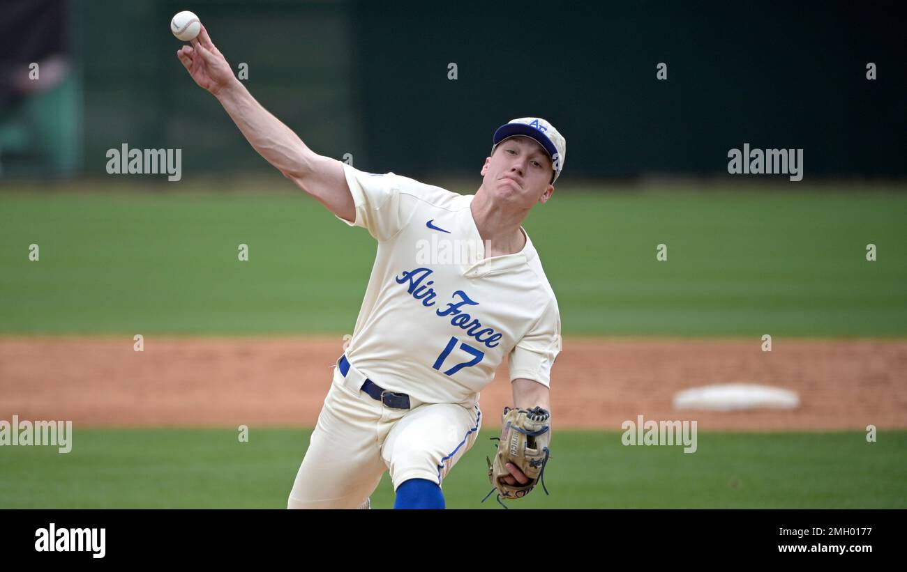 Air Force pitcher Luke Chilcutt (17) throws to home plate during an ...