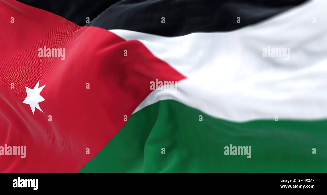 Perspective view of the Jordan national flag waving. Horizontal black ...