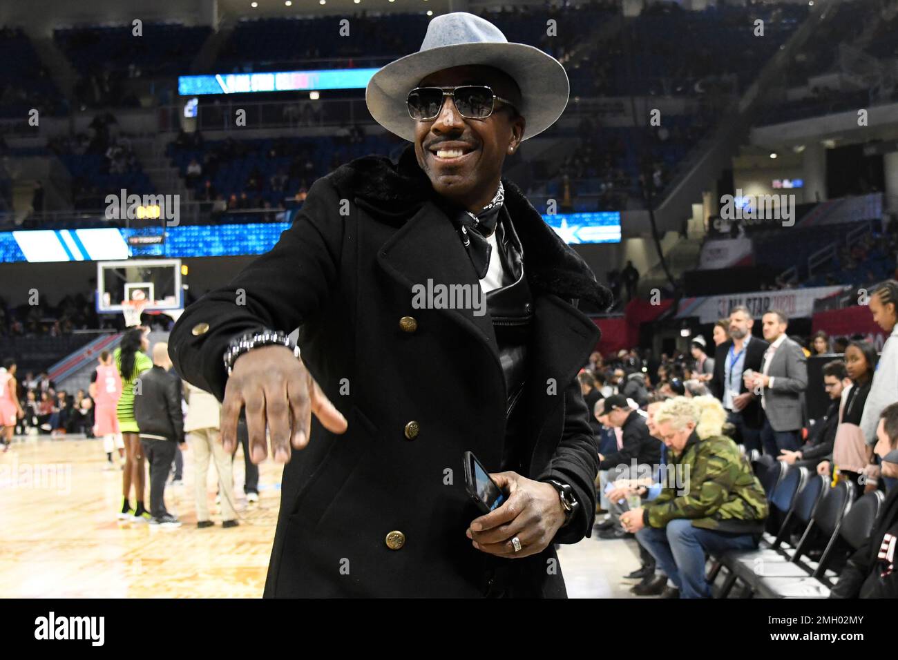Actor J. B. Smoove on the court before an NBA Celebrity All-Star ...