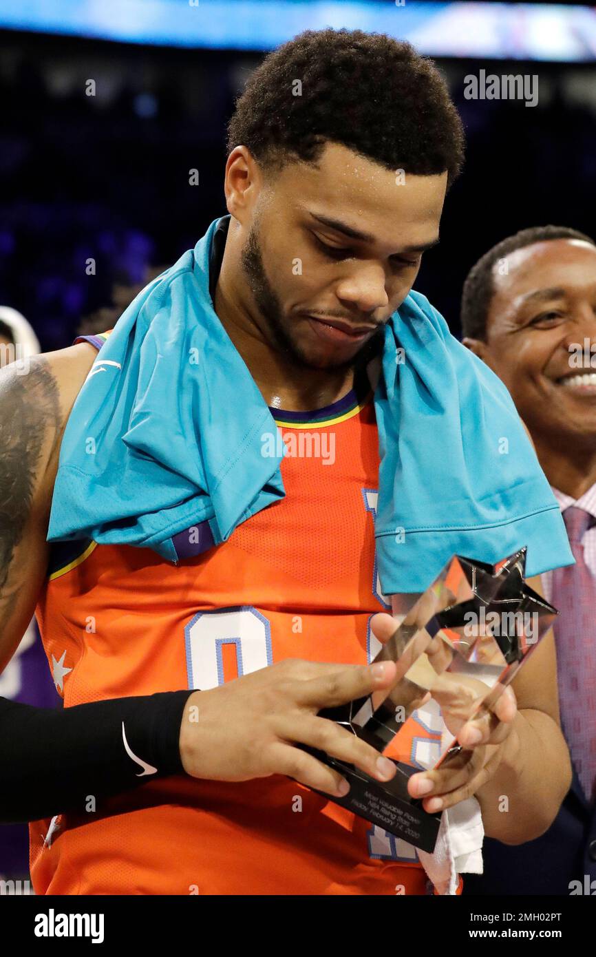 U.S. Team forward Miles Bridges, of the Charlotte Hornets, looks at the ...