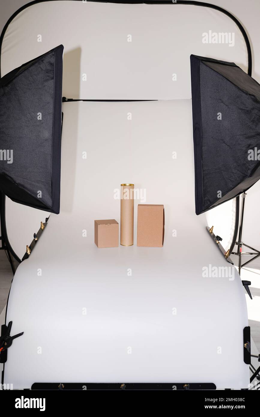 Photo studio with professional lighting equipment during shooting ...