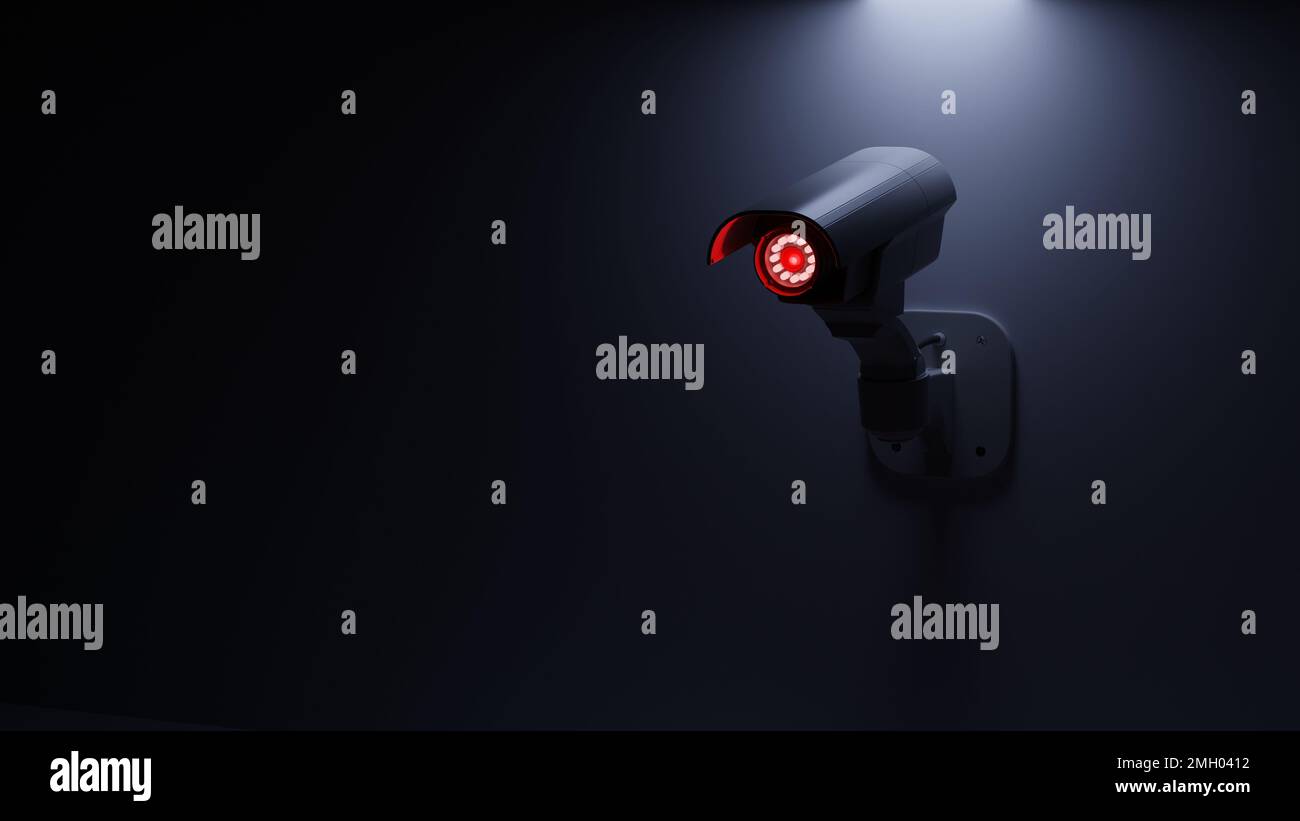 Surveillance camera glowing in the dark. Ominous mood scene with ...
