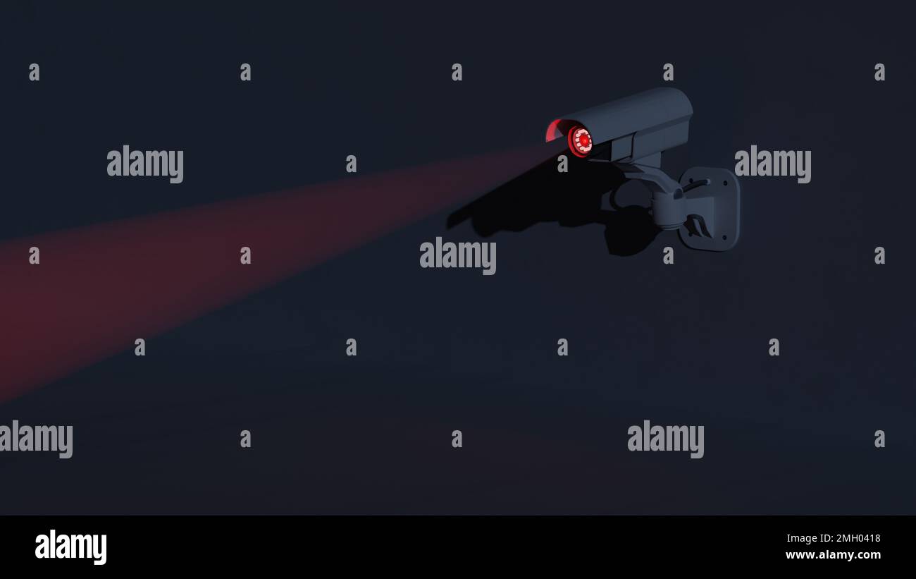Surveillance camera glowing in the dark. Ominous mood scene with ...