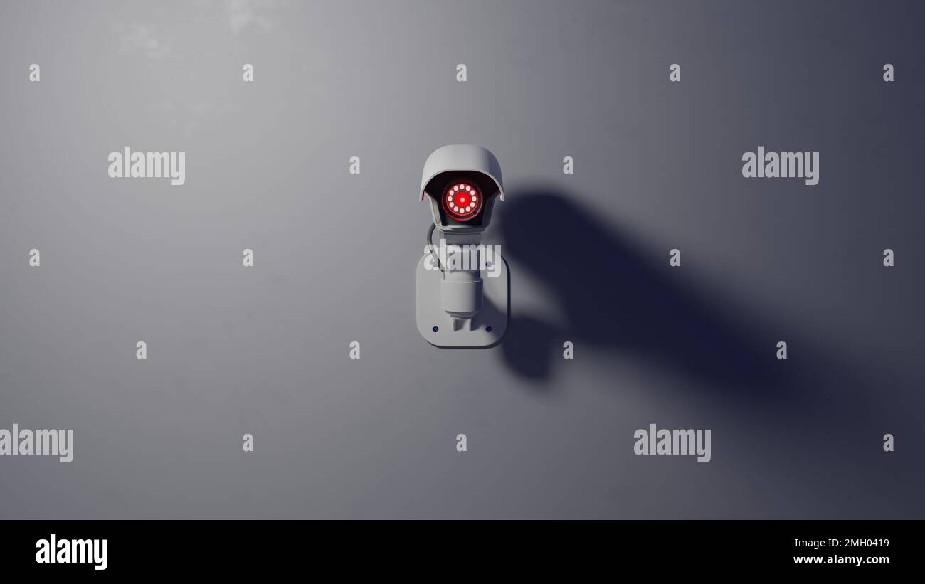 Surveillance camera lens glowing in dim light. Dark, ominous mood with ...