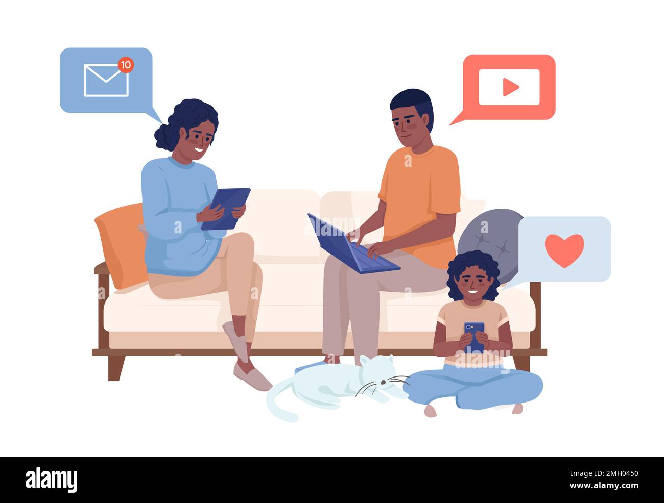 Family sitting together on sofa with gadgets semi flat color vector ...