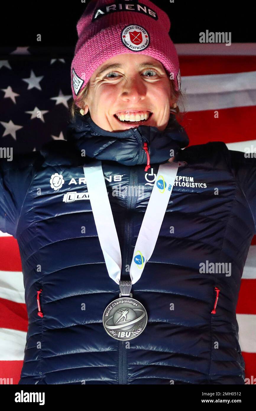 Susan Dunklee of the U.S. celebrates with her silver medal after the ...