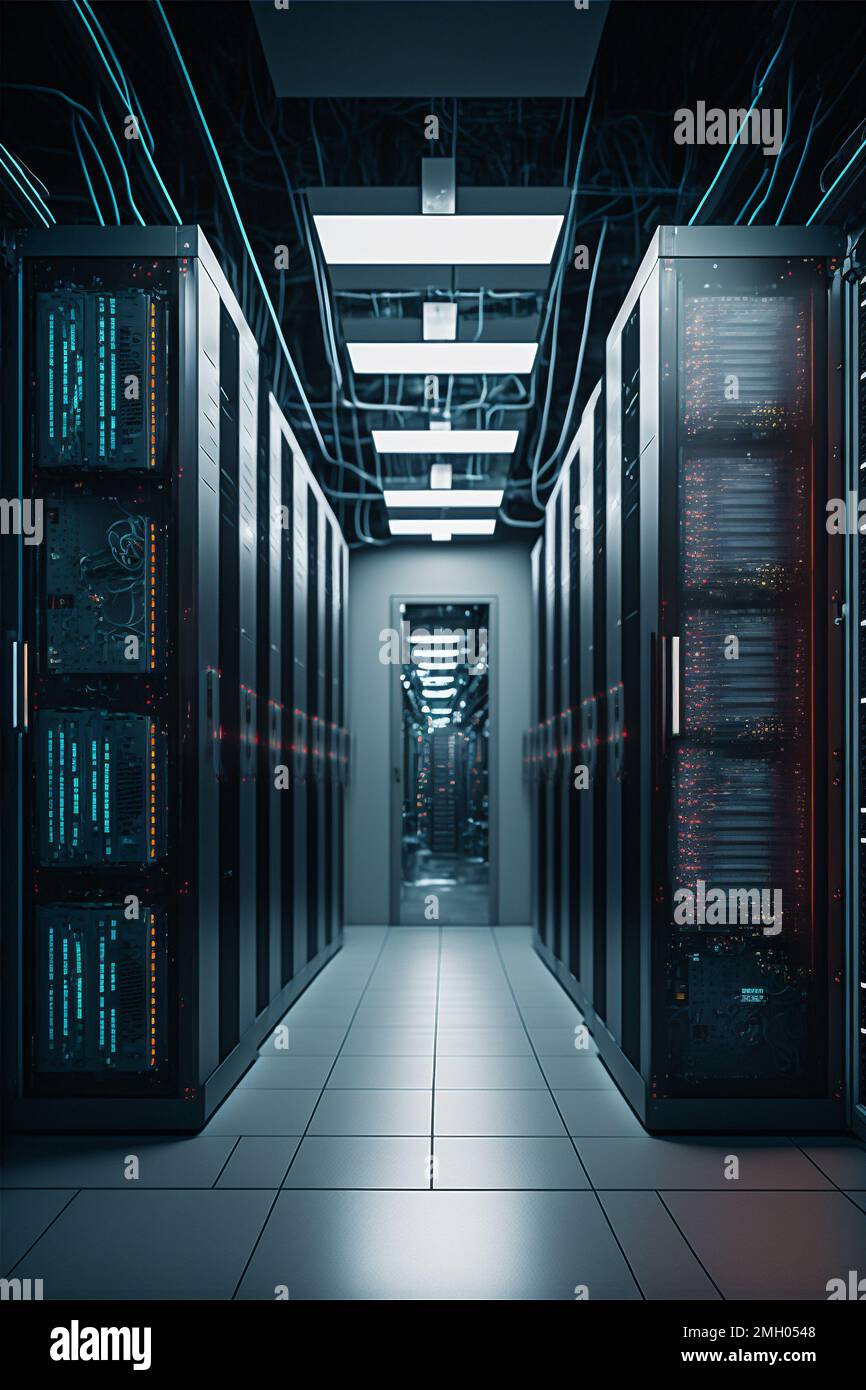 Networking devices of rack in room with big data cyber internet content ...