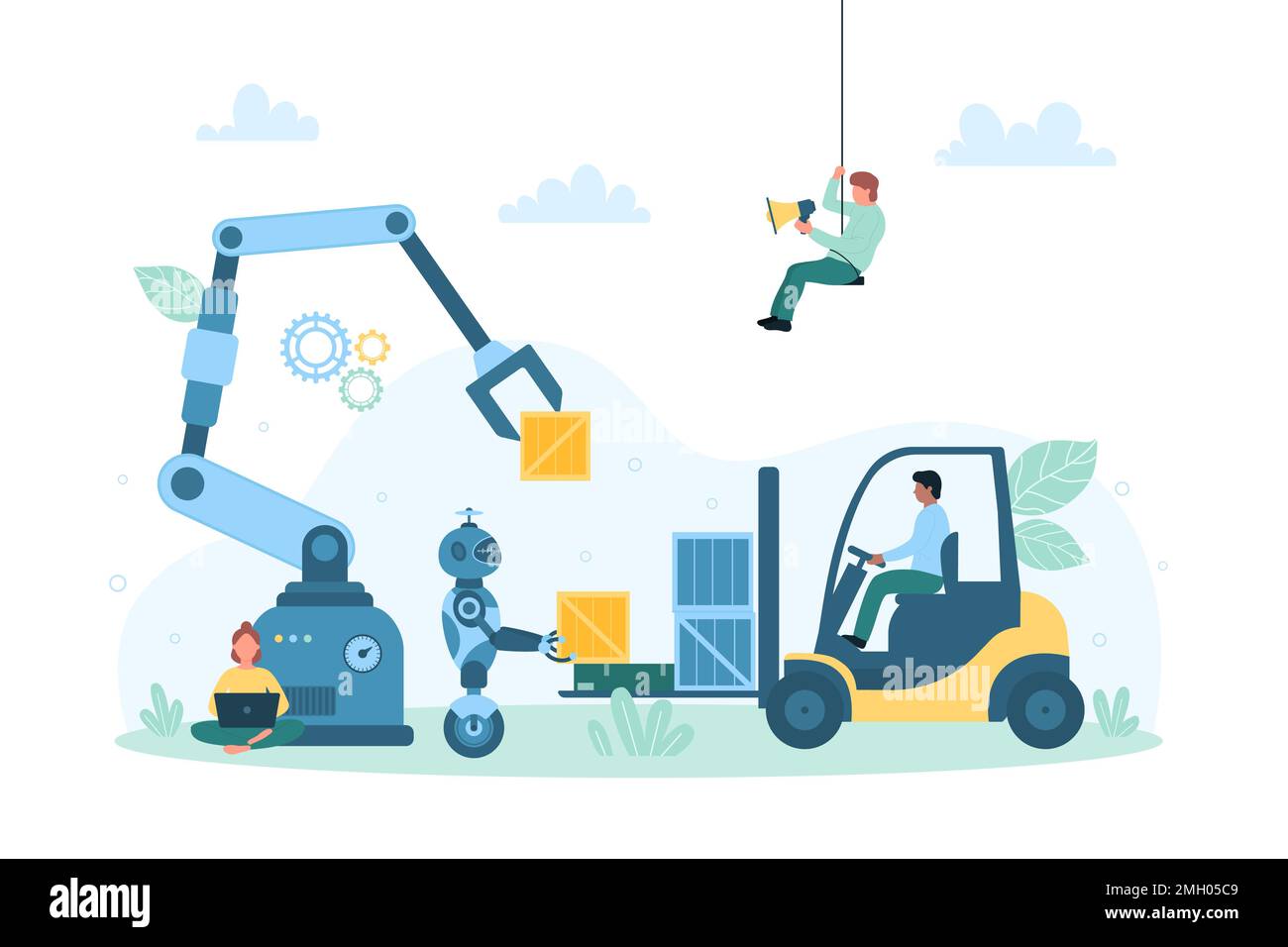 Automated factory warehouse with robots and AI service vector illustration. Cartoon tiny people ...