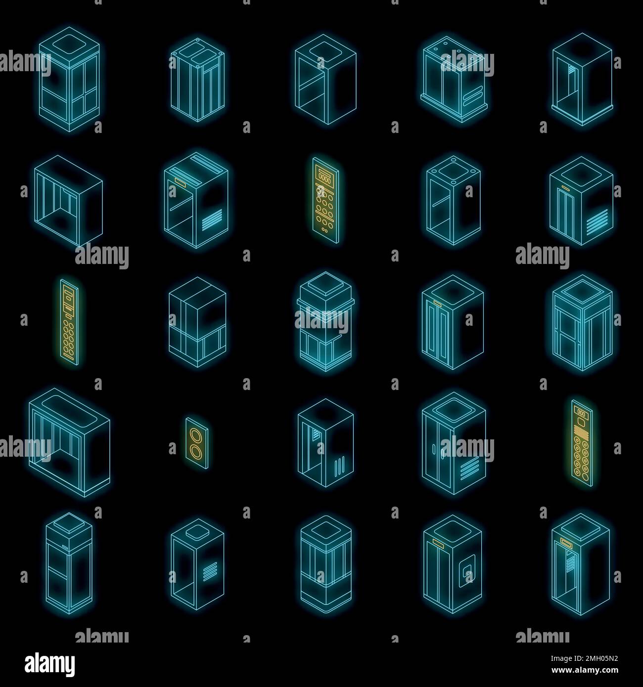 Elevator icons set. Isometric set of Elevator vector icons neon color on black Stock Vector ...