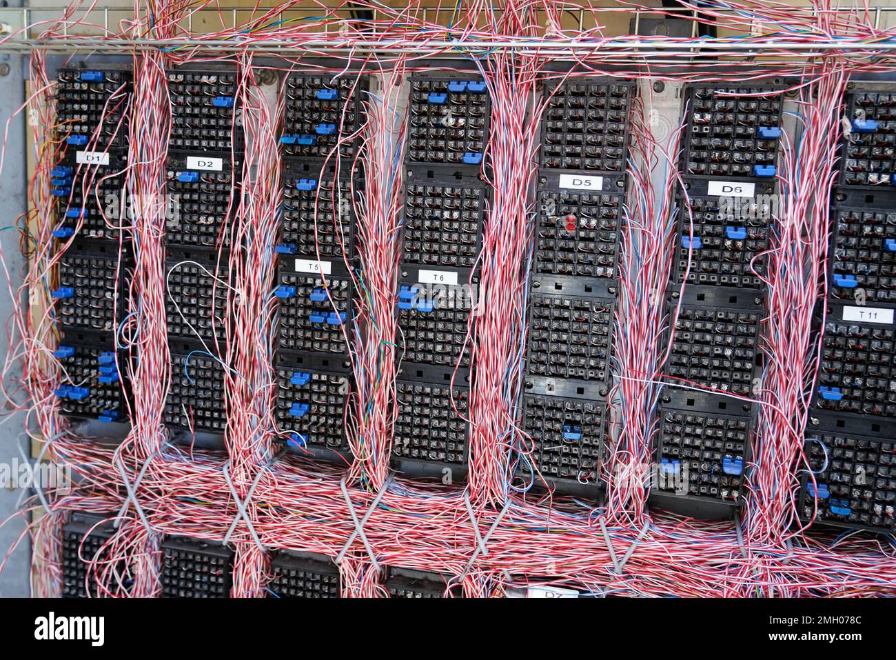 electrical communication network cabinet landline telephone wires in a ...