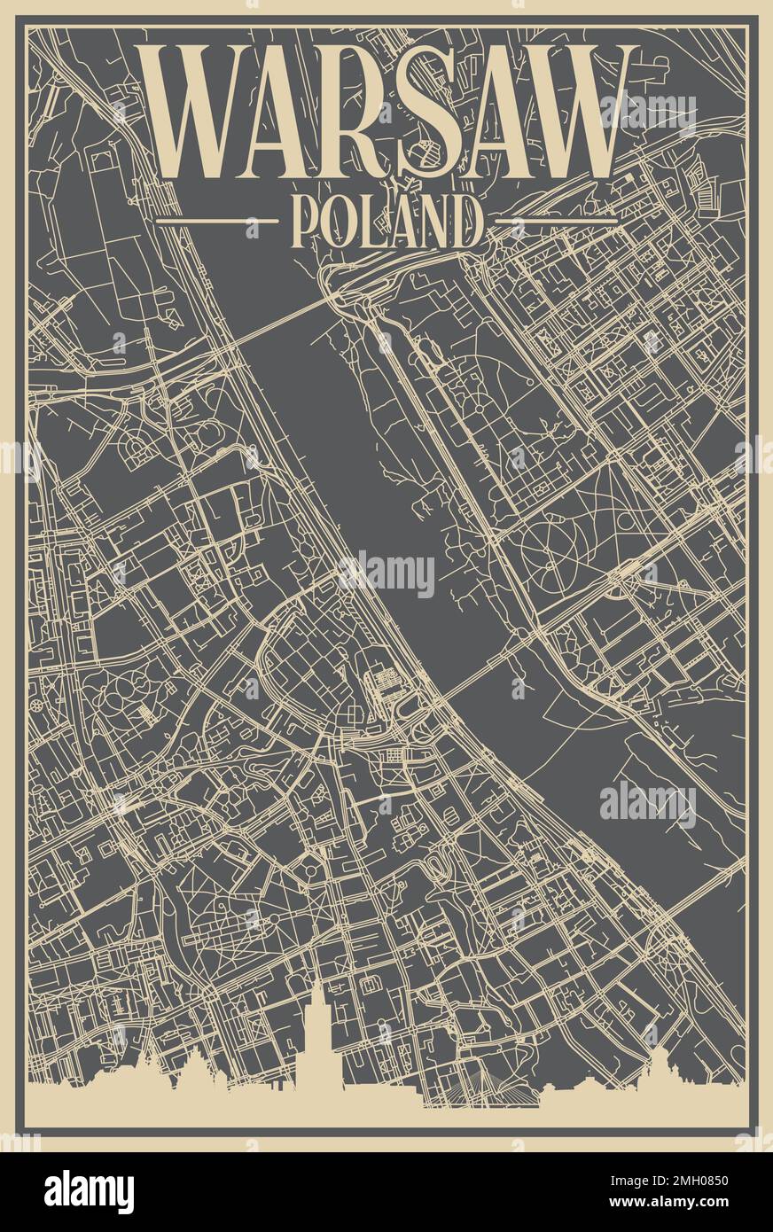 Road network poster of the downtown WARSAW, POLAND Stock Vector Image ...