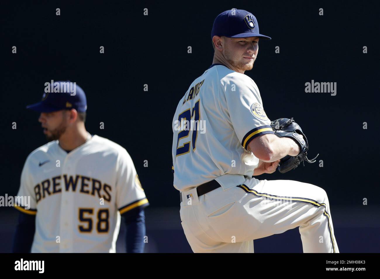 Milwaukee Brewers pitcher Eric Lauer during spring training baseball ...
