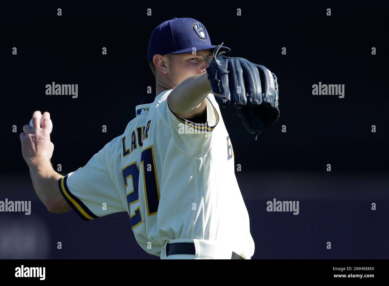Milwaukee Brewers pitcher Eric Lauer during spring training baseball ...