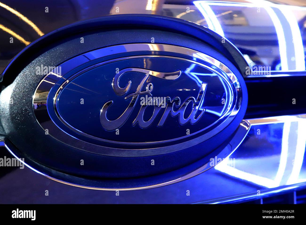 This is the Ford logo on the grill of a 2020 Ford F150 4X4 Supercrew ...