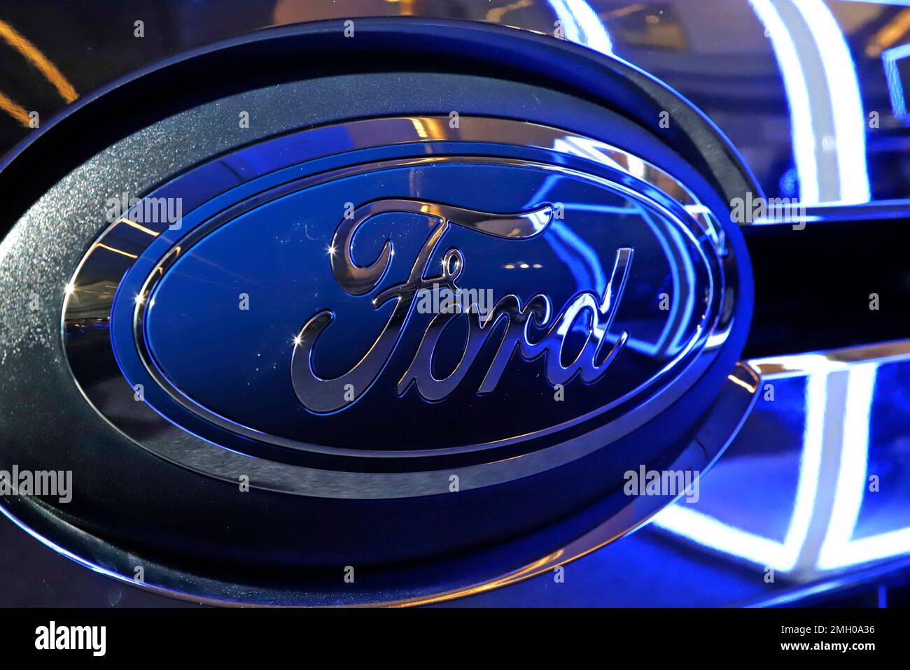 This is the Ford logo on the grill of a 2020 Ford F150 4X4 Supercrew ...
