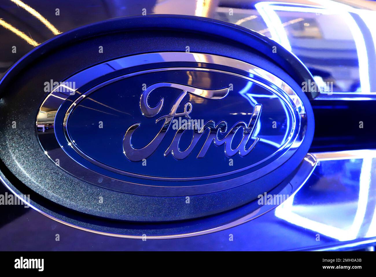 This is the Ford logo on the grill of a 2020 Ford F150 4X4 Supercrew ...