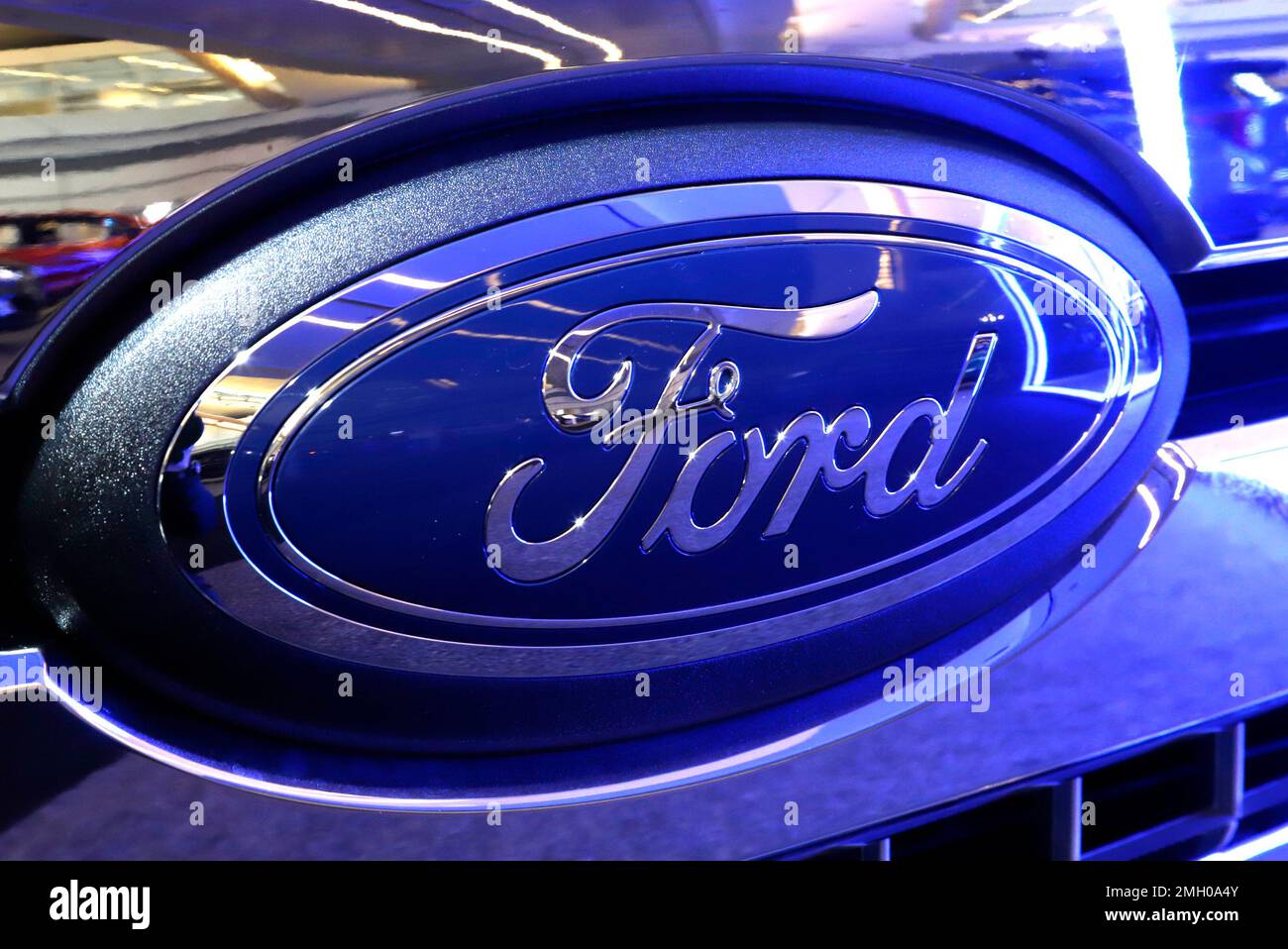 This is the Ford logo on the grill of a 2020 Ford F150 4X4 Supercrew ...
