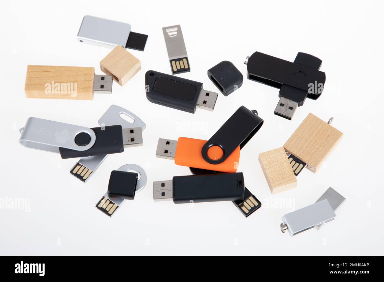 lot of USB flash key drive many keys in different color size on white ...