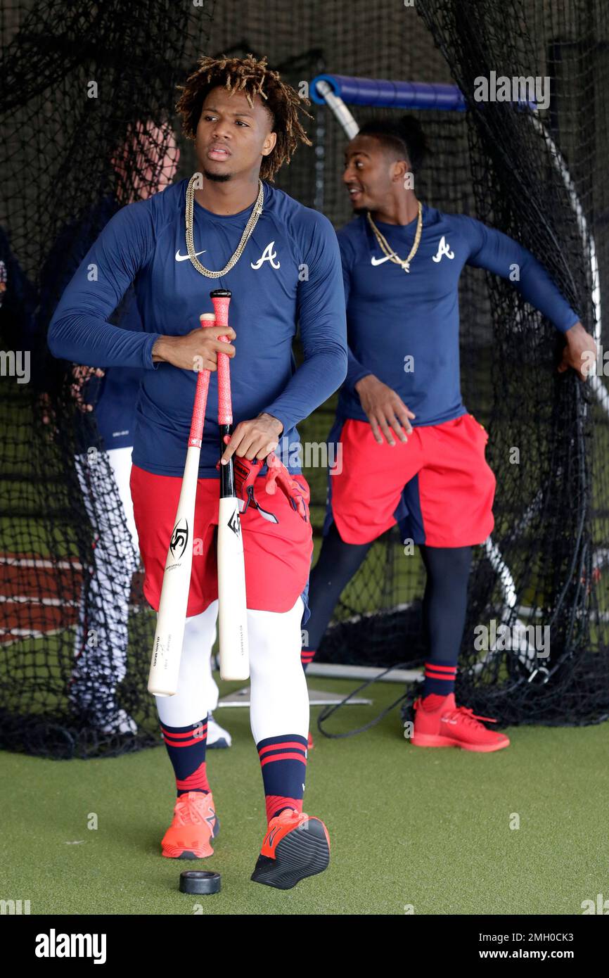 Atlanta Braves center fielder Ronald Acuna Jr. (13) leaves the batting ...