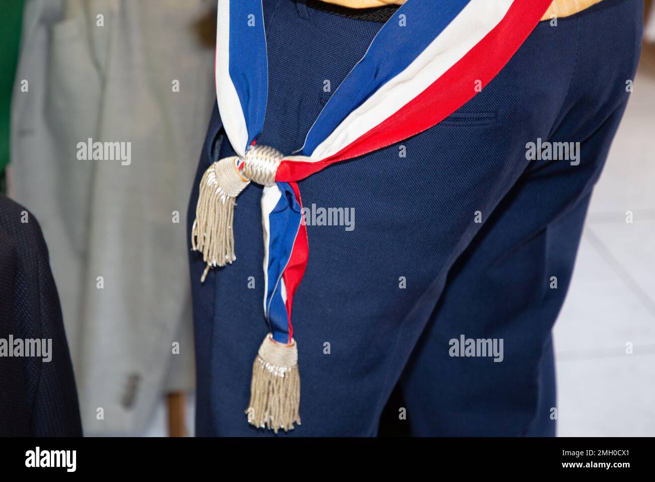 French mayor man with scarf flag tricolor during celebration in France ...