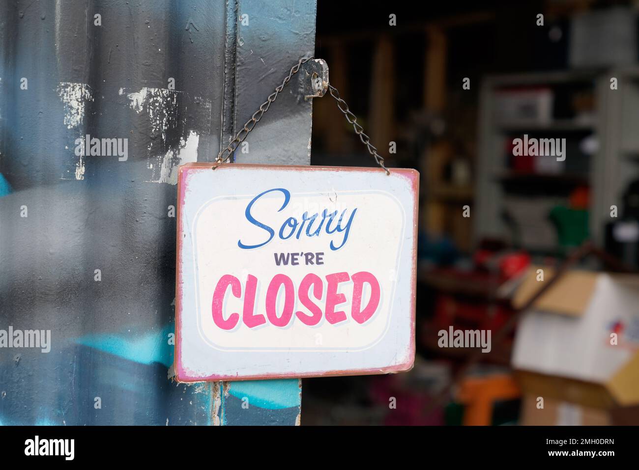 windows vintage steel shop sign saying sorry we are closed Stock Photo ...