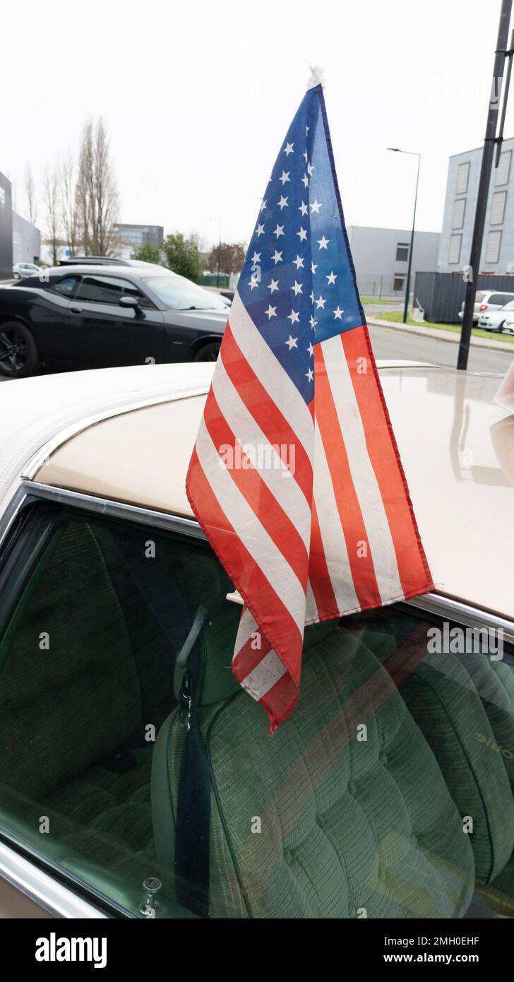 american flag of USA on roof Made Cars Sale Stock Photo - Alamy
